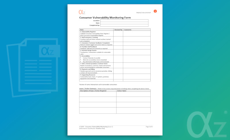 F-Q103 Consumer Vulnerability Monitoring Form